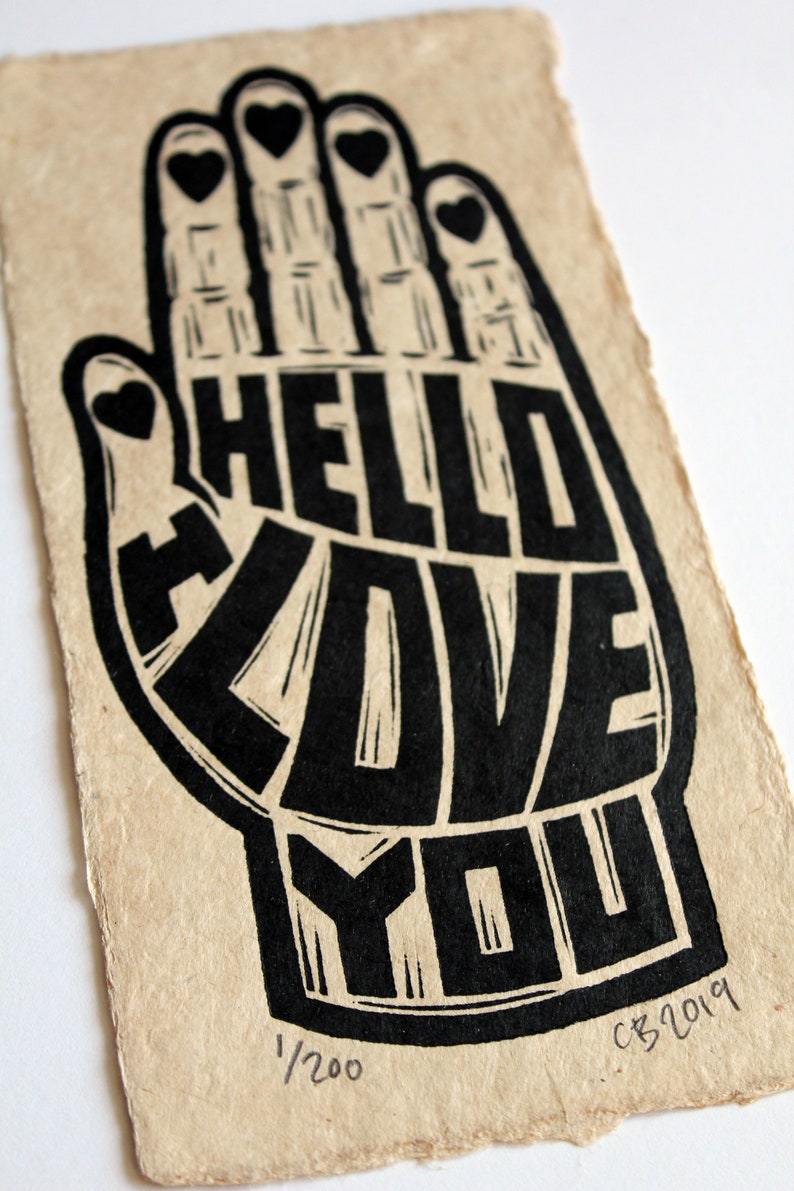 Hello I Love You a Linocut on Handmade Bhutanese Paper - Etsy