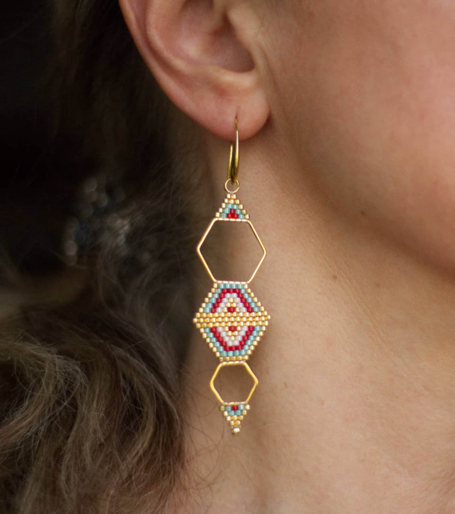 Boho Chic Earrings Ethnic Style Earrings Gold Hexagon - Etsy