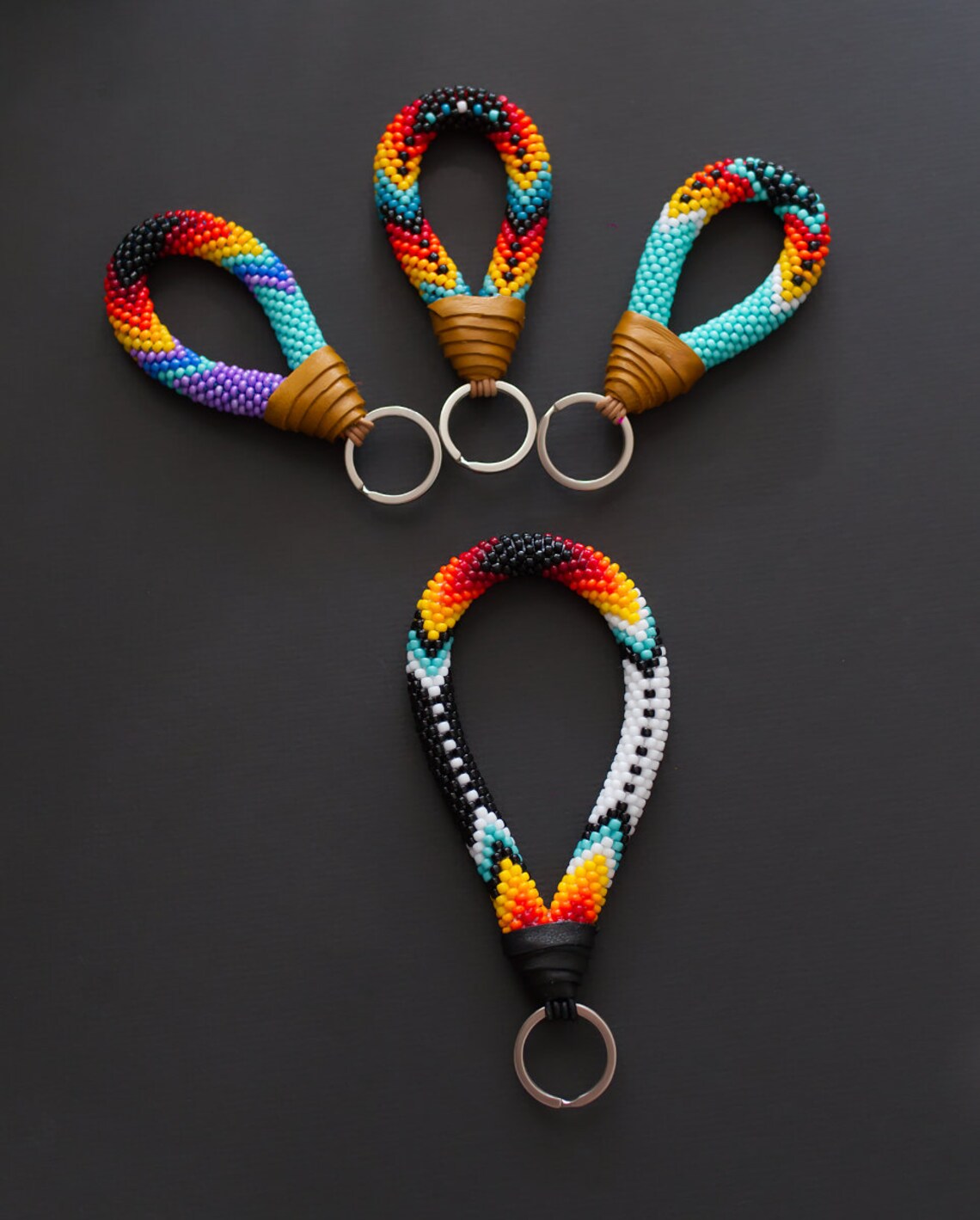 Turquoise Beaded Keychain With Red, Orange Ombre Motifs in Native ...