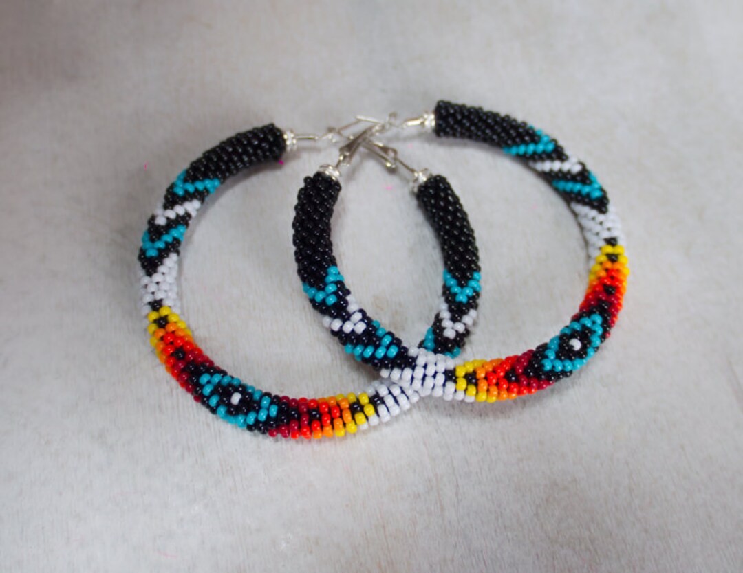 Black Turquoise Red Native Style Earrings, Beaded Hoop Earrings ...