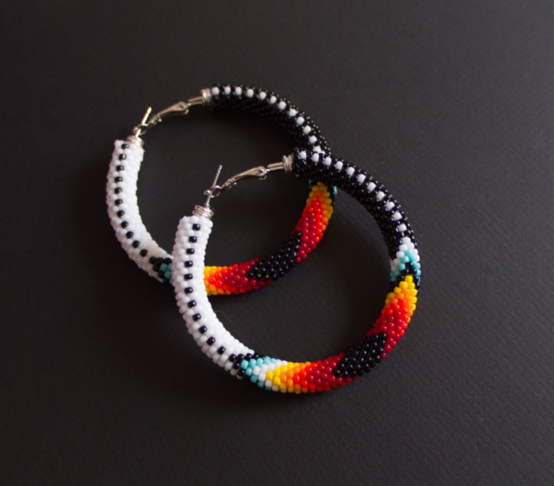 Black White Native Style Earrings, Black White Hoop Earrings, Ethnic ...