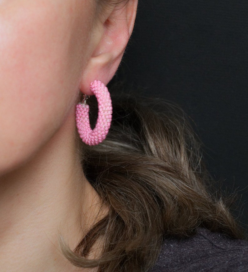 Pink Earrings Pink Beaded Earrings Neon Pink Hoop Earrings | Etsy