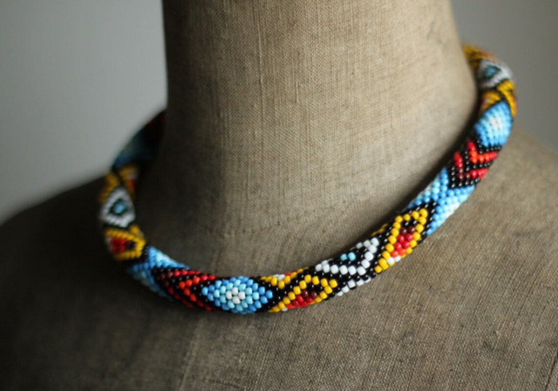 Ethnic Beadwork Necklace Colorful Native Style Handbeaded - Etsy