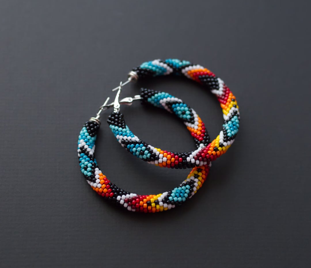 Colorful Native Style Earrings, Blue Ethnic Style Hoop Earrings ...