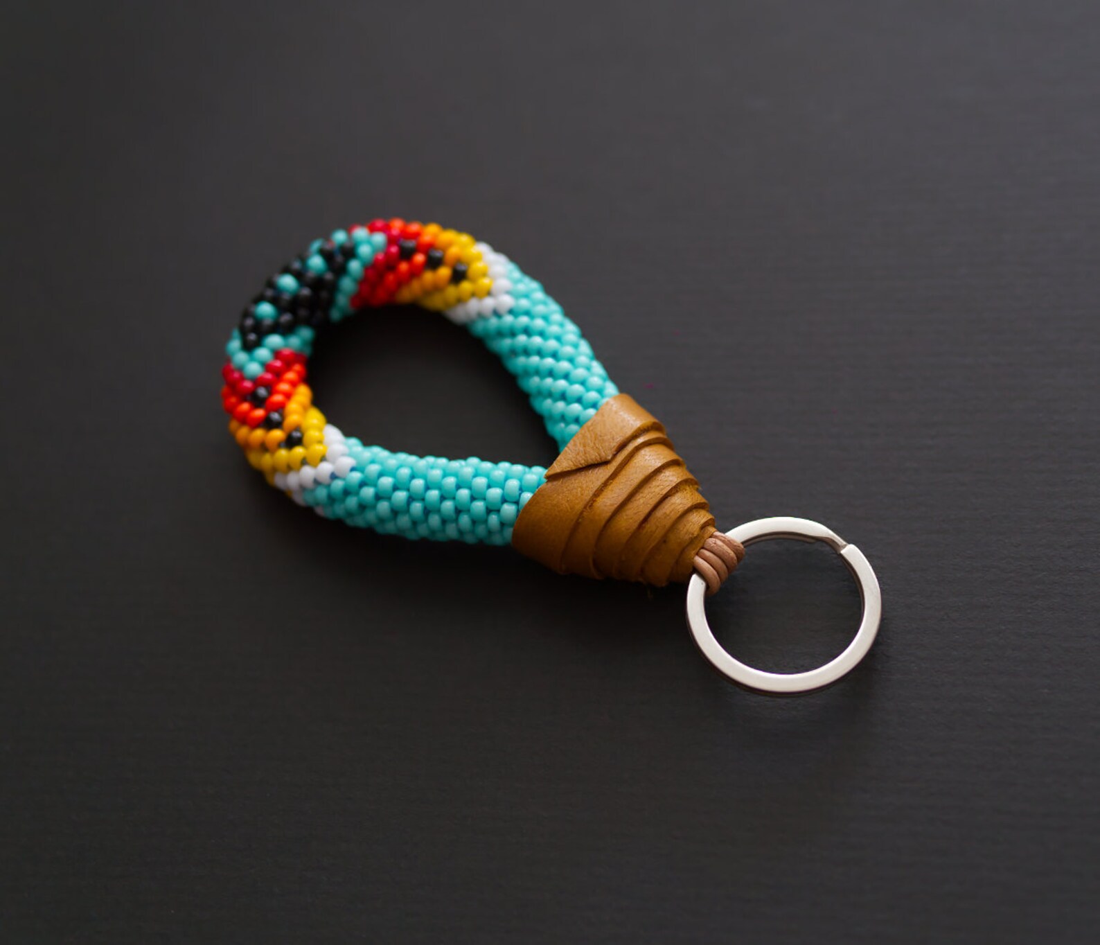 Turquoise Beaded Keychain With Red, Orange Ombre Motifs in Native ...