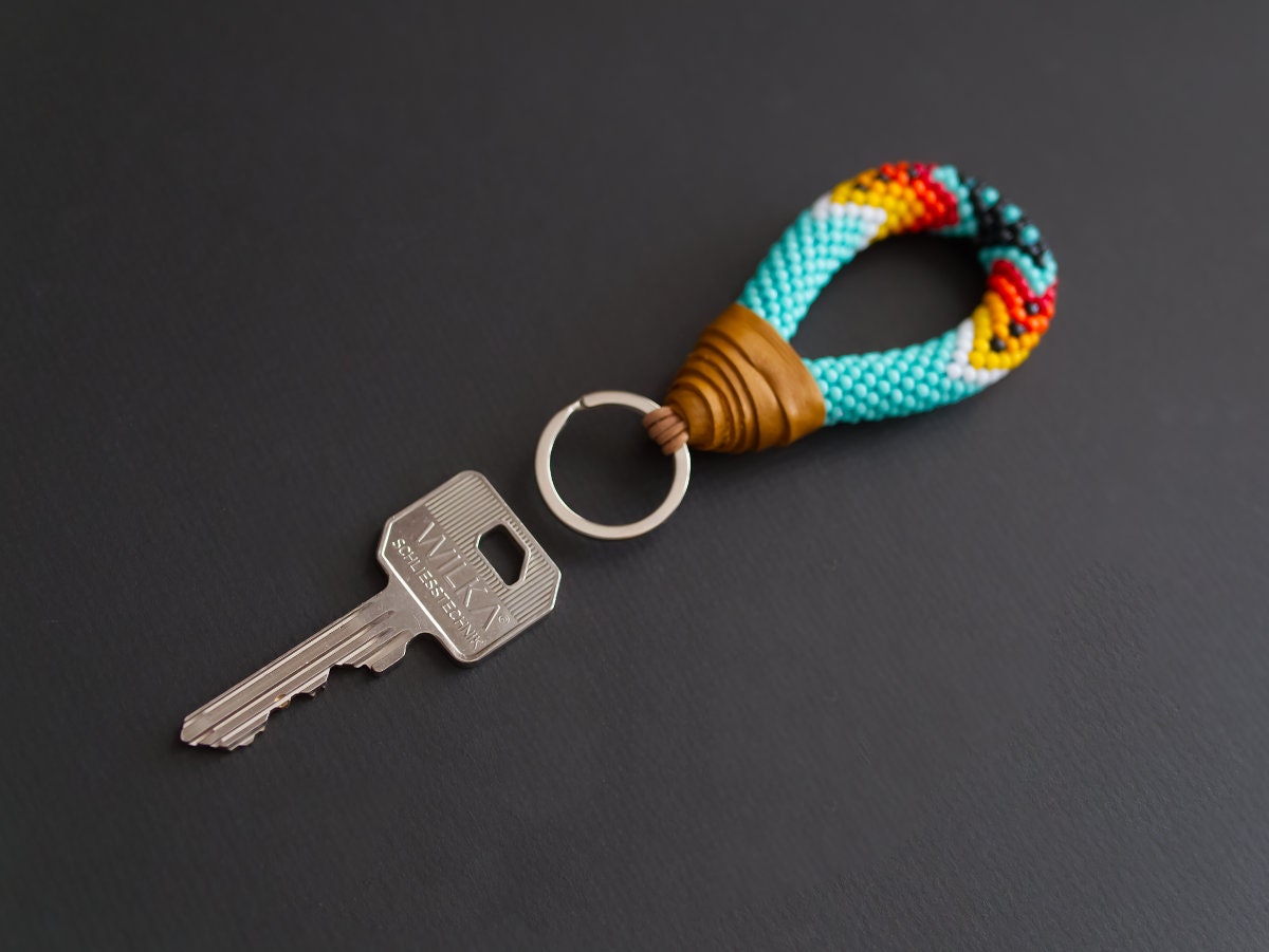 Turquoise Beaded Keychain With Red, Orange Ombre Motifs in Native ...
