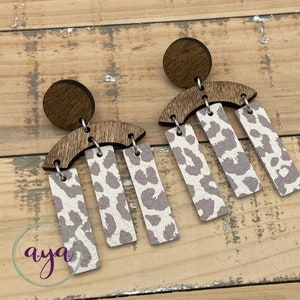 Leopard Print Genuine Leather & Wood Stud Earrings, Leather Semicircles ...