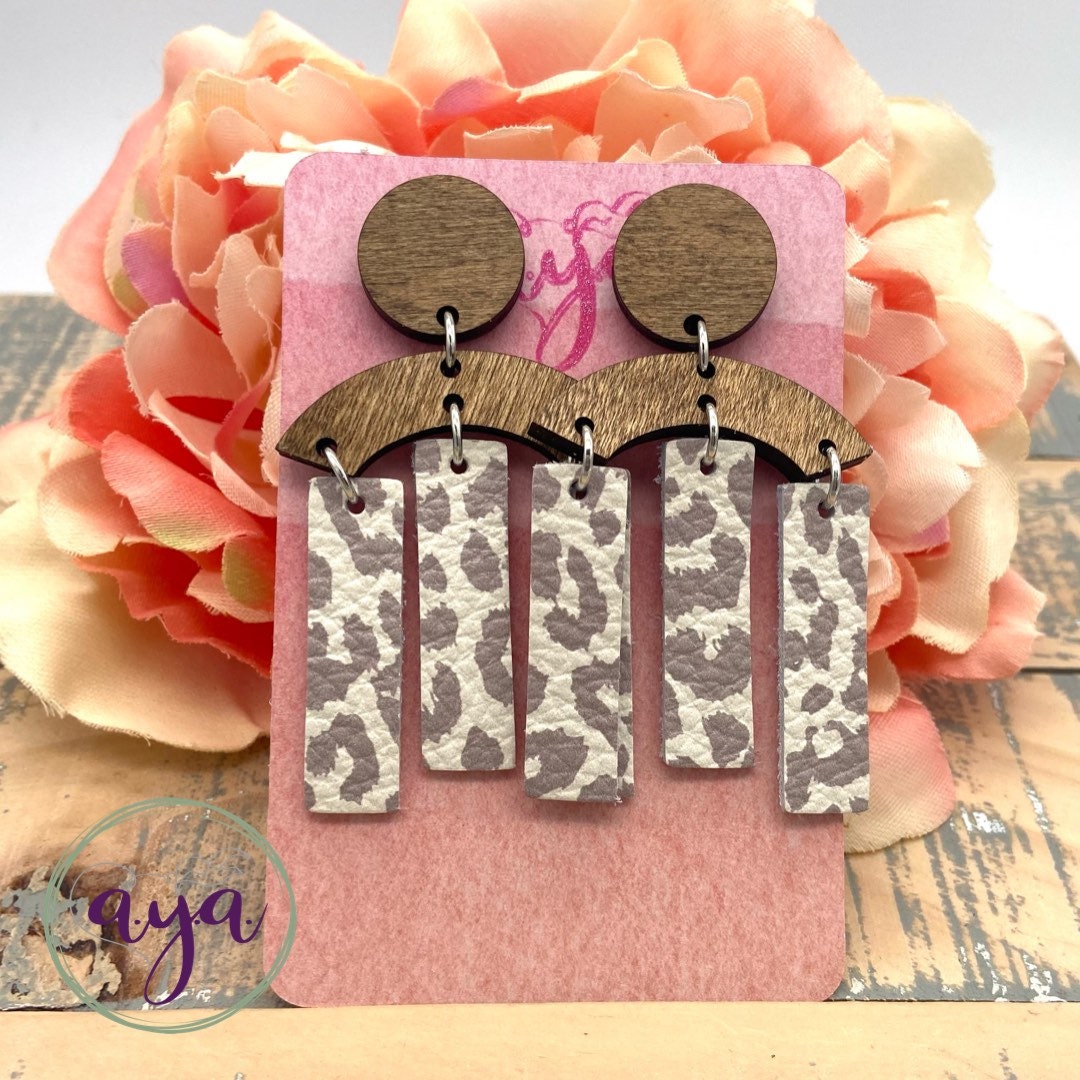 Leopard Print Genuine Leather & Wood Stud Earrings, Leather Semicircles ...
