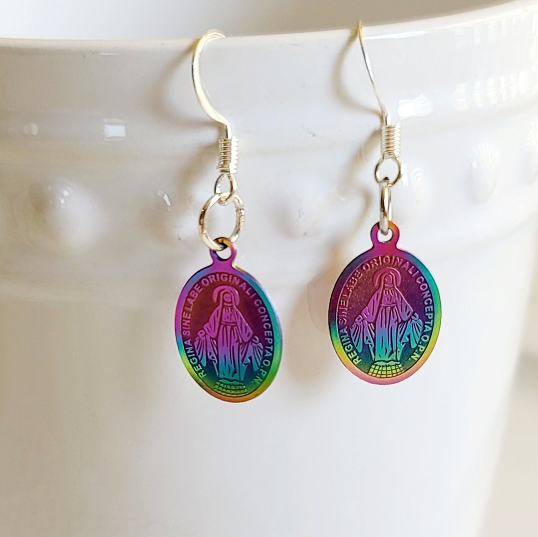 Rainbow Finish Stainless Steel Miraculous Medal Earrings Hypoallergenic ...