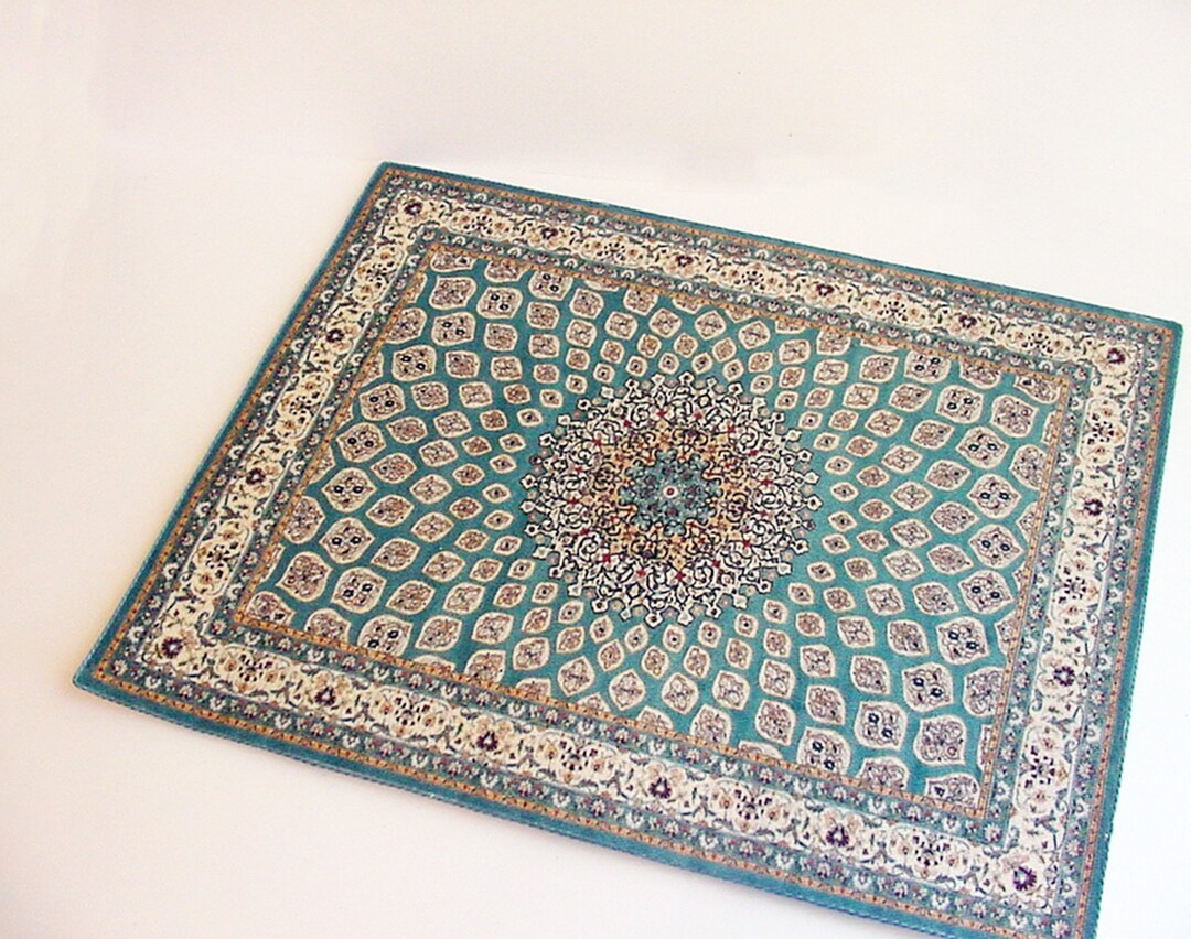 Dollhouse Miniature Rug * Colorful Peacock Teal Blue Ecru and Taupe 1: ...