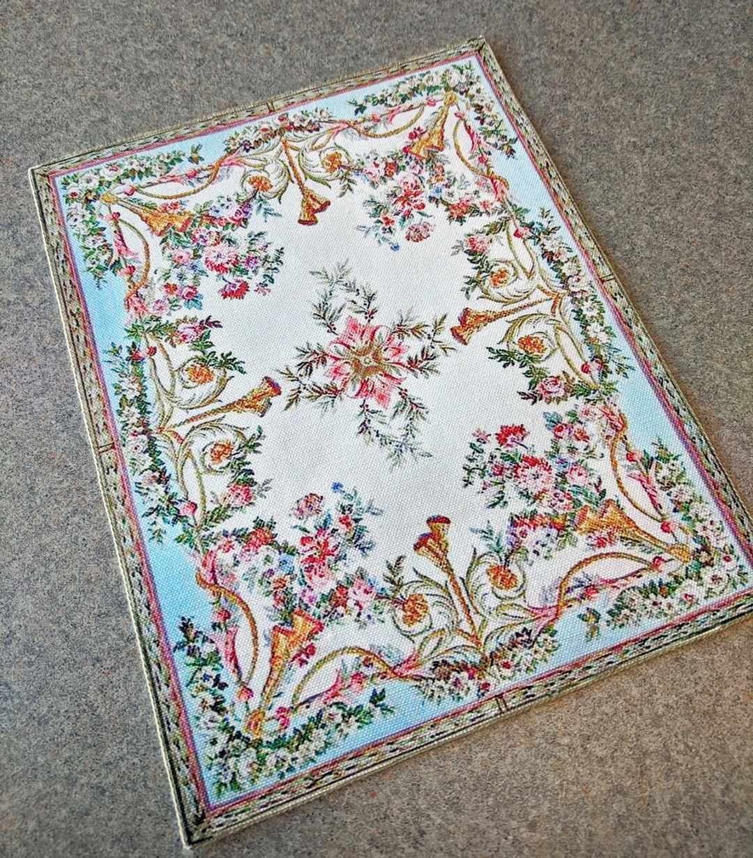 Dollhouse Miniature Rug COTTON 1:12 Scale Blue Ecru Roses Floral Dolls ...