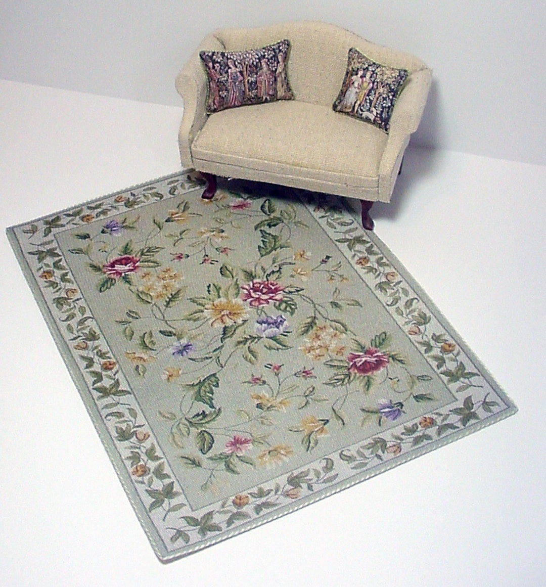 Dollhouse Rug Gray Green Modern Floral Cottage Area Miniature Carpet - Etsy