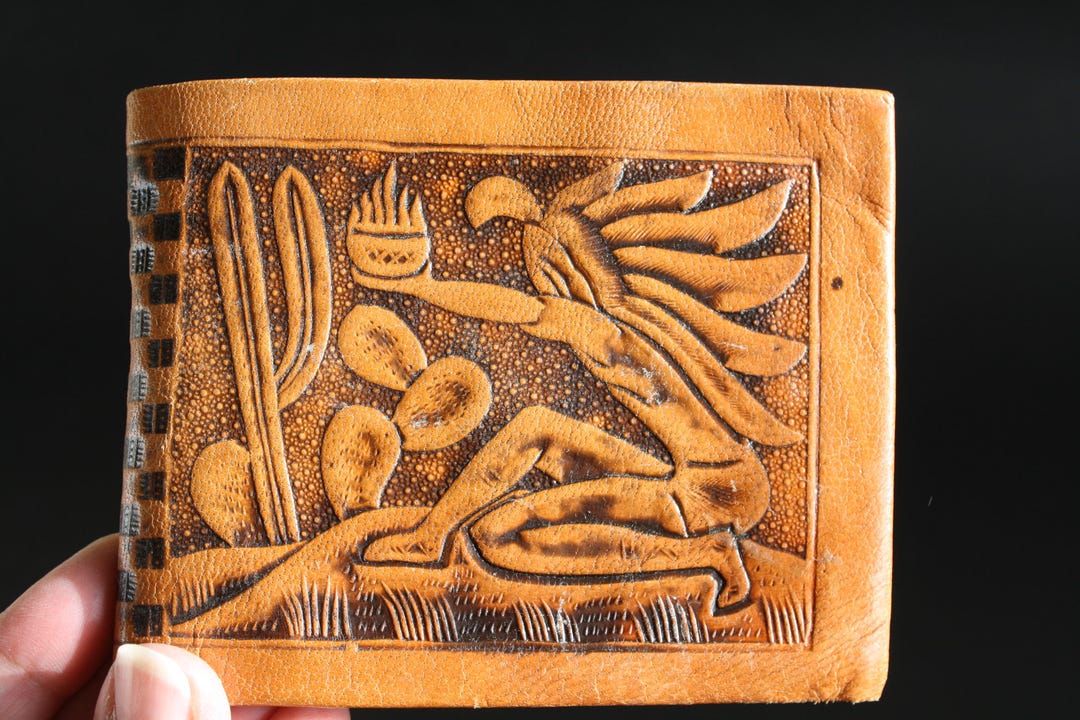 Vintage Tooled Leather Made in Mexico Wallet Bifold Mayan Ruins Aztec ...