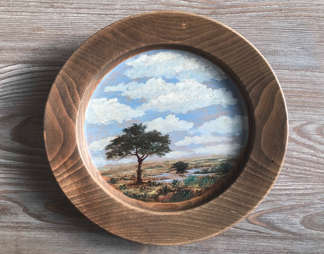 Vintage Oil Painting, Wooden Round Wall Decor, Hand Painted Wood, Mid ...