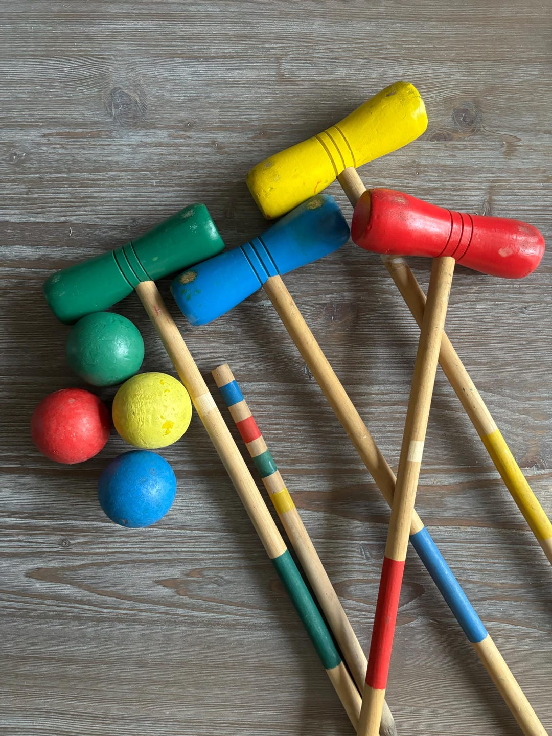 Vintage Croquet Mallets, Wooden Colored Sticks and Balls, Mid Century ...