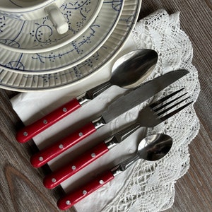 French Vintage Cutlery With Red Handles, Vintage Set Knife Spoon Fork ...