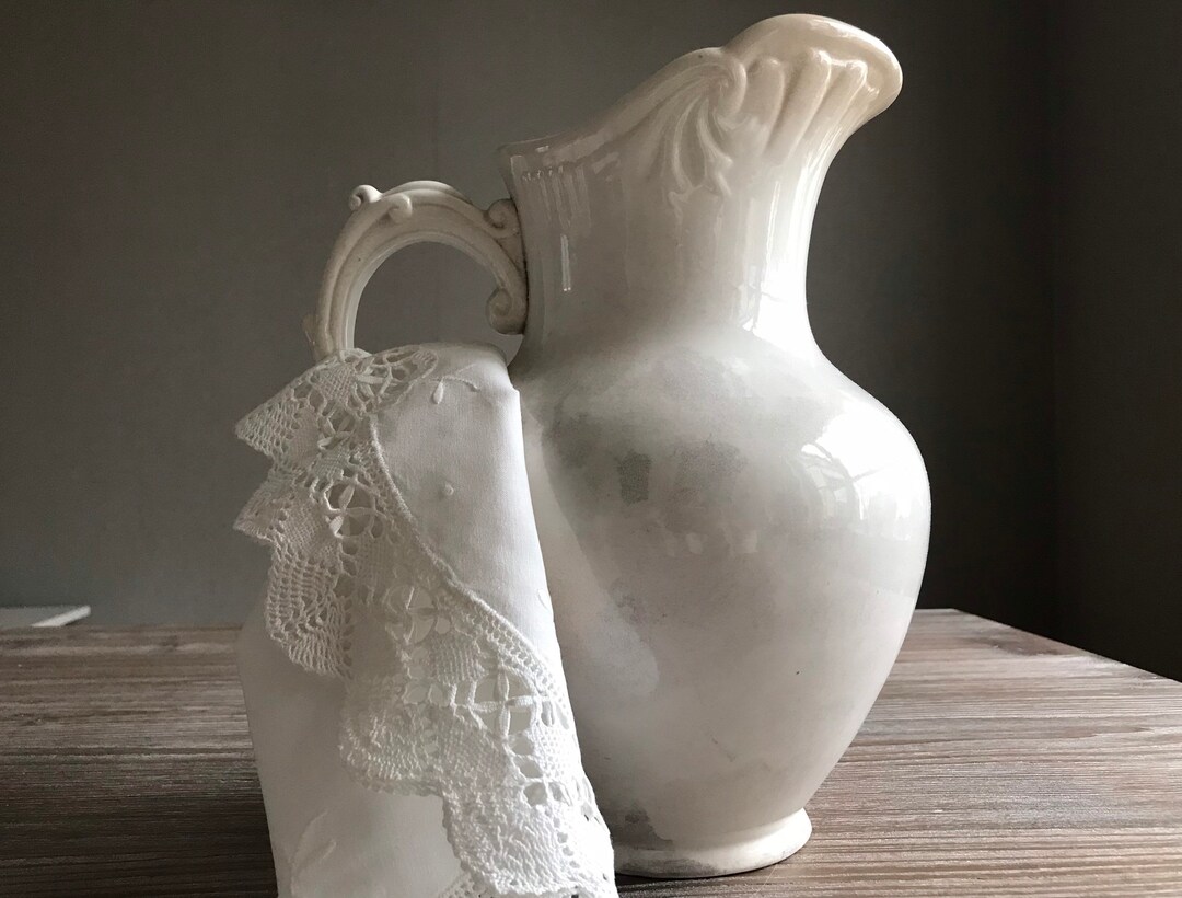 Antique Large Water Pitcher, White Water Jug, Whiteware Glazed Ceramic ...