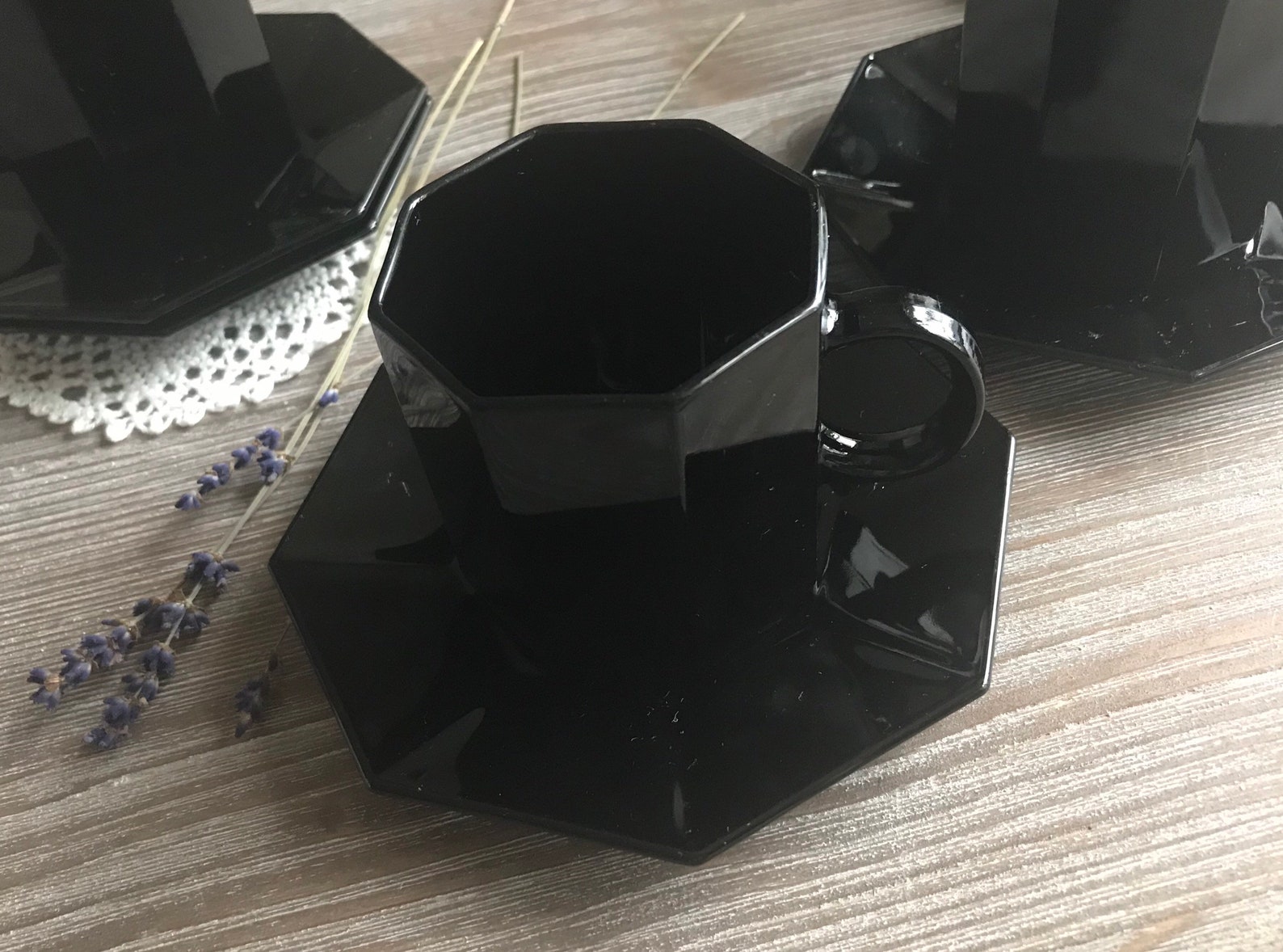 2 French Vintage Tea Cups With Saucers, Black Octagonal Glass ...