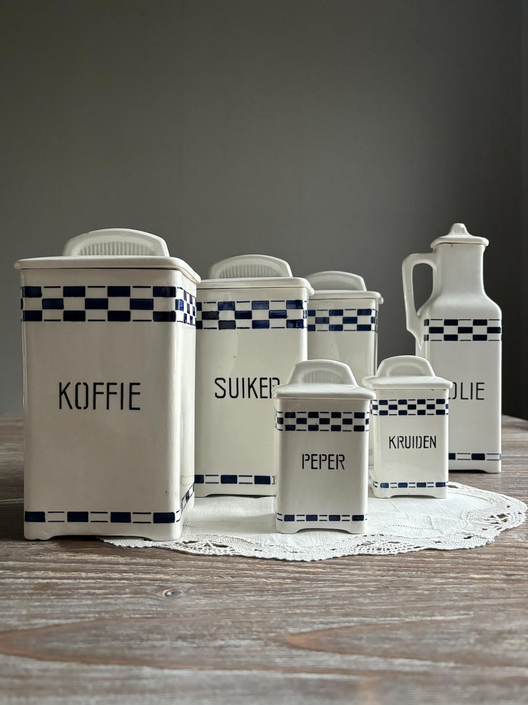 Antique Ceramic Kitchen Storage Containers, Set of 6, Checked ...