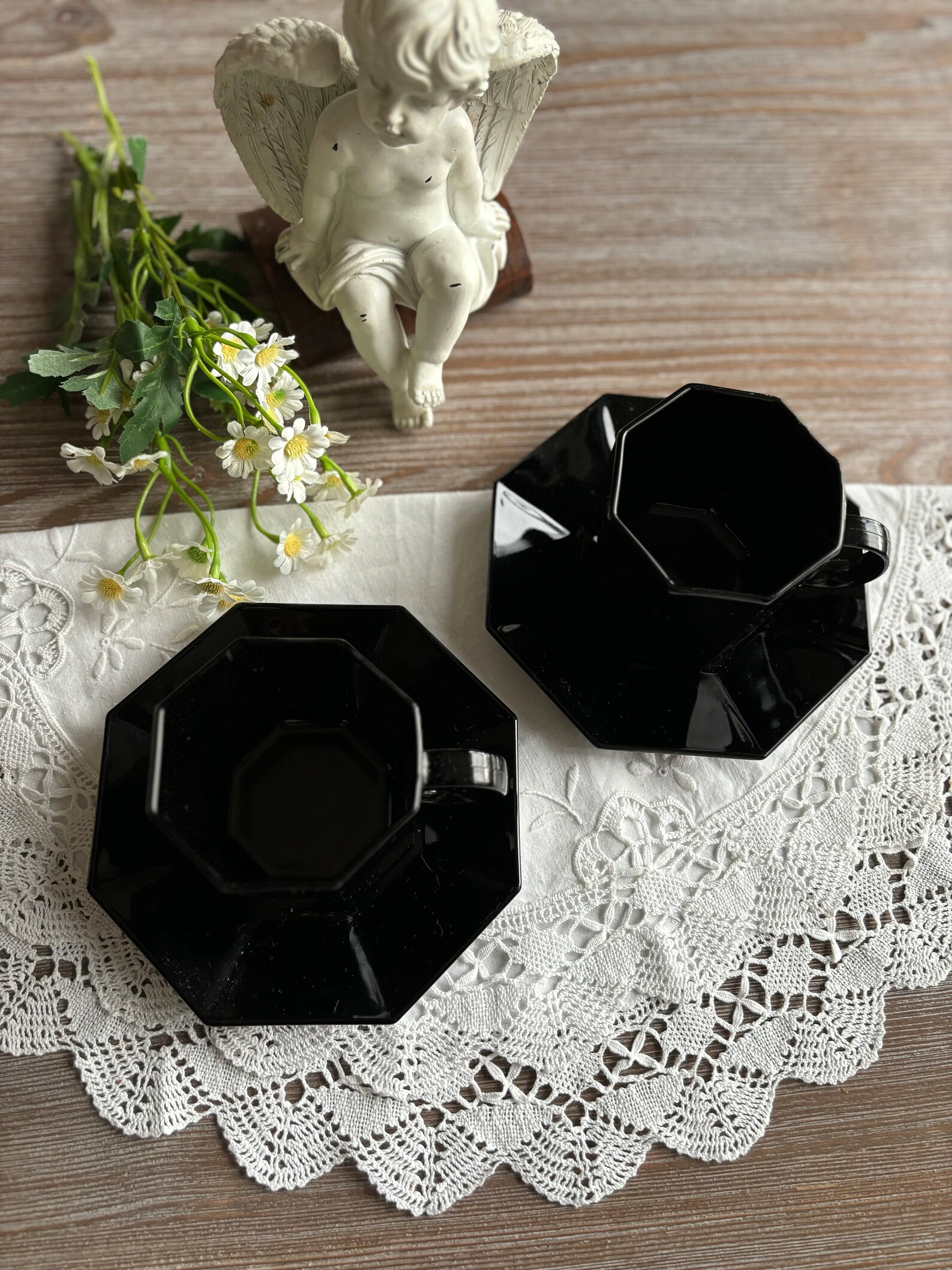 2 French Vintage Tea Cups With Saucers, Black Octagonal Glass ...