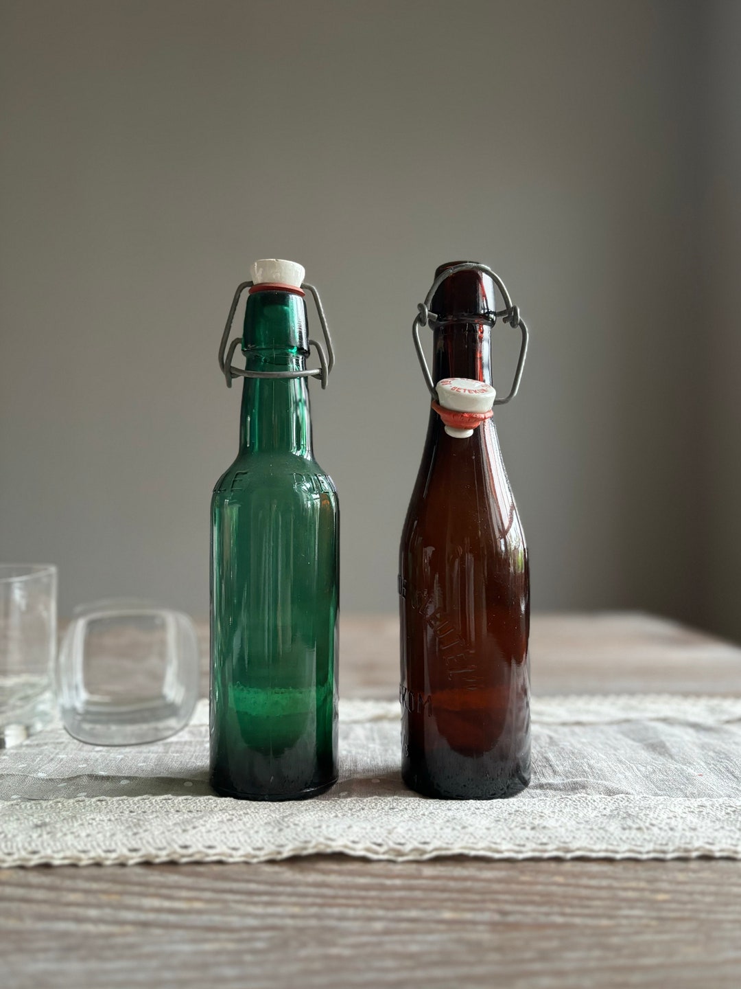 Mid Century Belgian Beer Bottles, Original Porcelain Stoppers, Mid ...