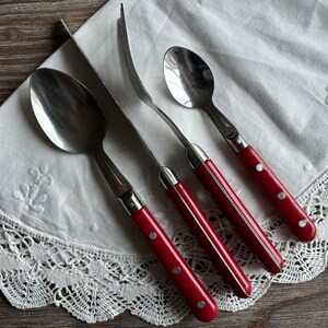 French Vintage Cutlery With Red Handles, Vintage Set Knife Spoon Fork ...
