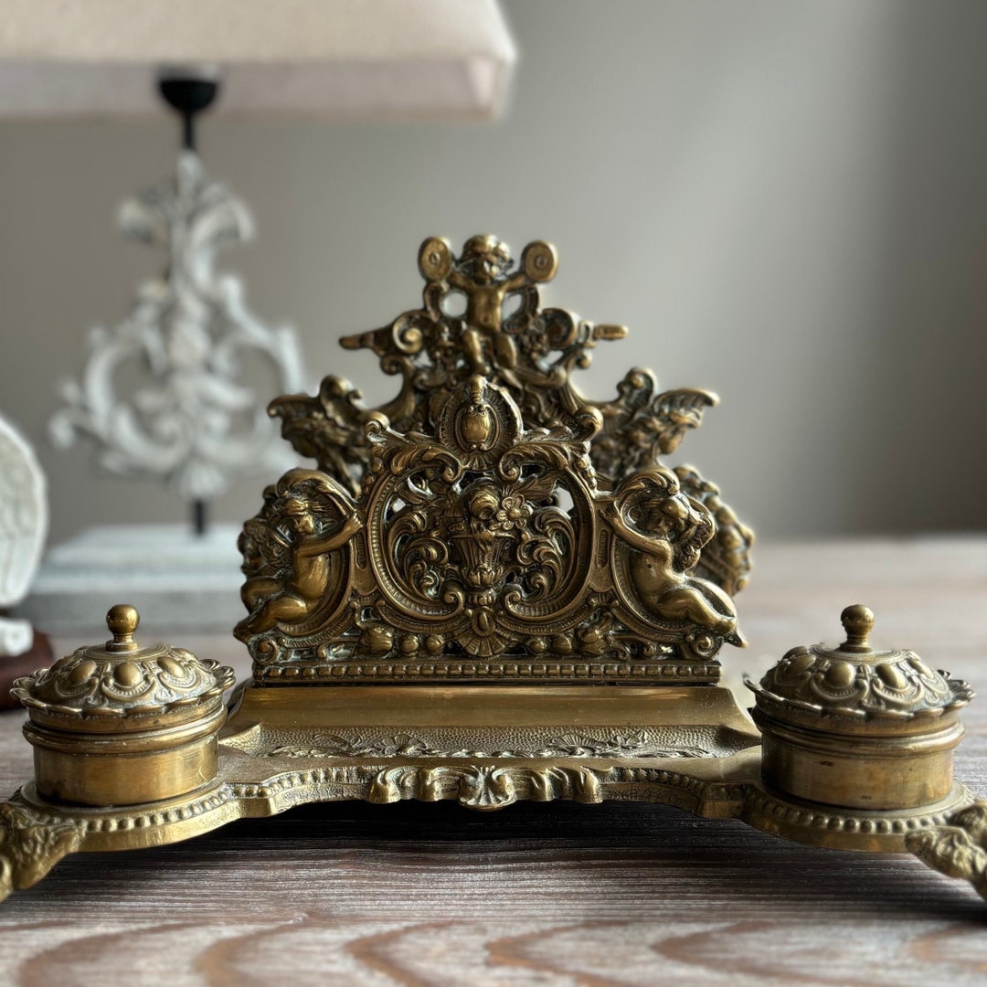 Art Nouveau Solid Brass Inkwell, Paper Letter Holder, 19th Century ...