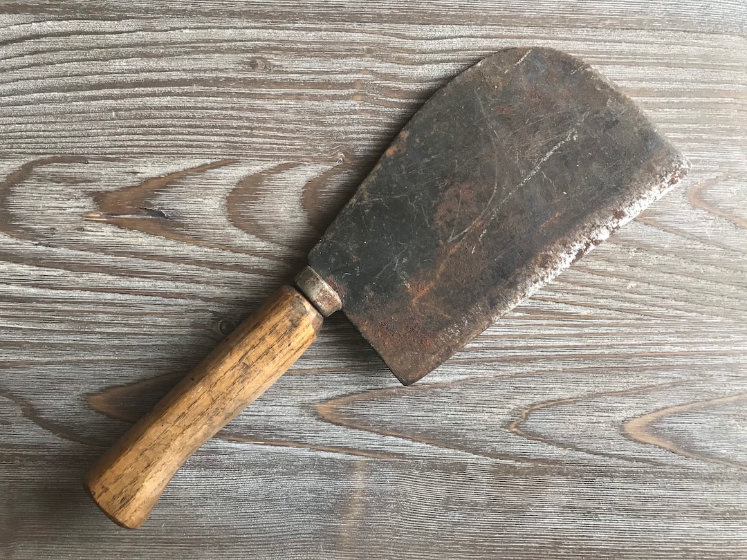 Antique Vintage Butcher Knife, Rusty Meat Cleaver With Wooden Handle ...