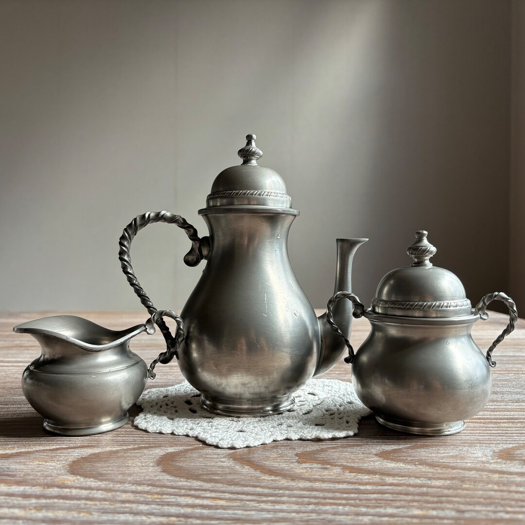 Vintage Pewter Coffee Set, 95 Tin, Pewter Pot, Sugar Bowl, Creamer, Mid ...