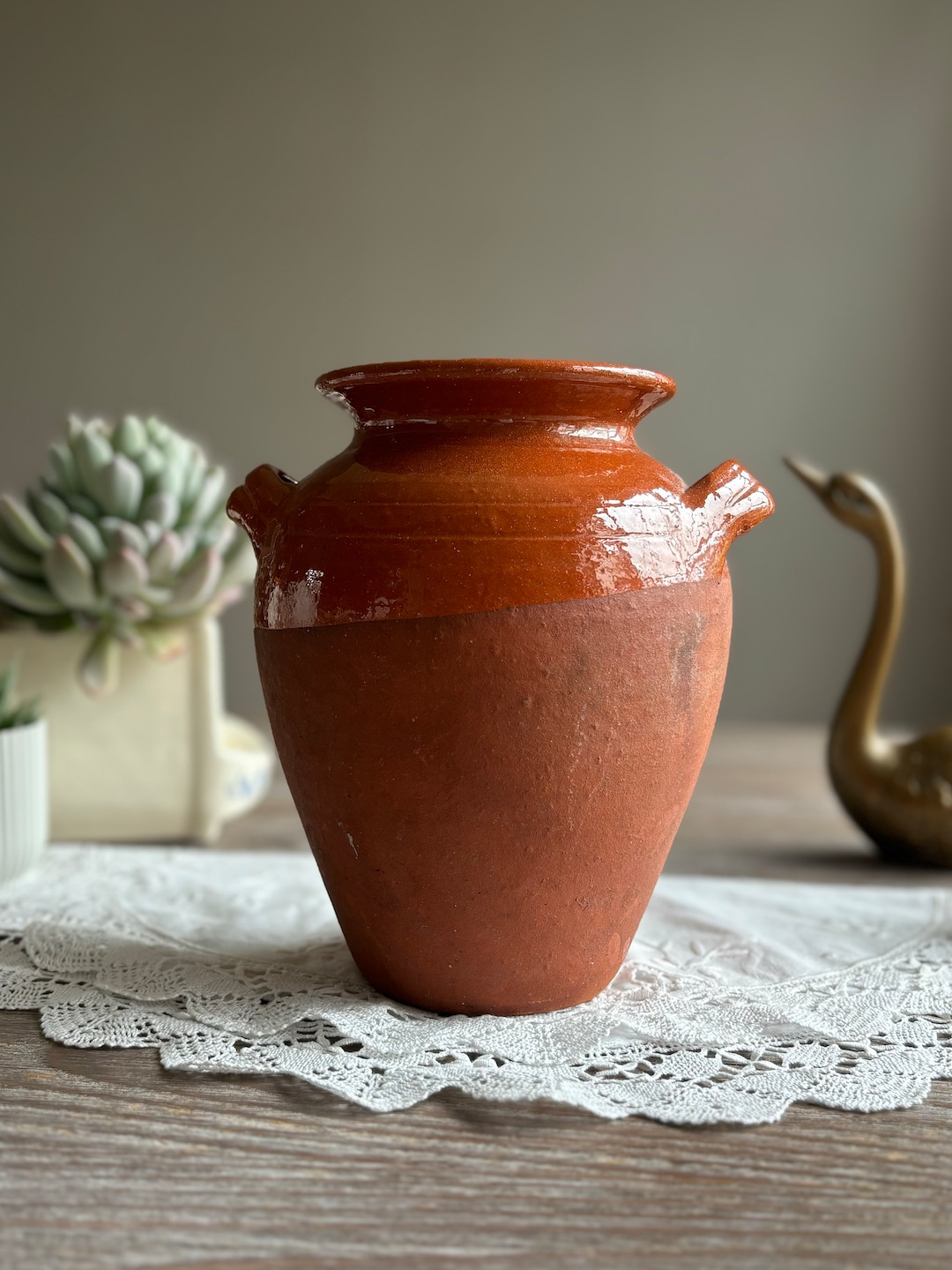 Vintage Terracotta Pot With Handles, Glazed Clay Pot, Earthenware Jug ...