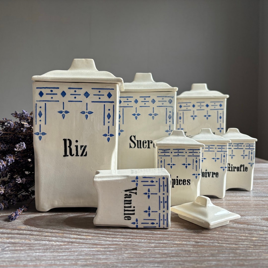French Vintage Ceramic Kitchen Storage Containers, Set of 7 ...