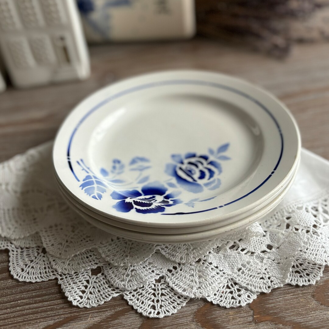 French Vintage Side Bread Plates, Set of 4, Art Deco, St Amand, Blue ...