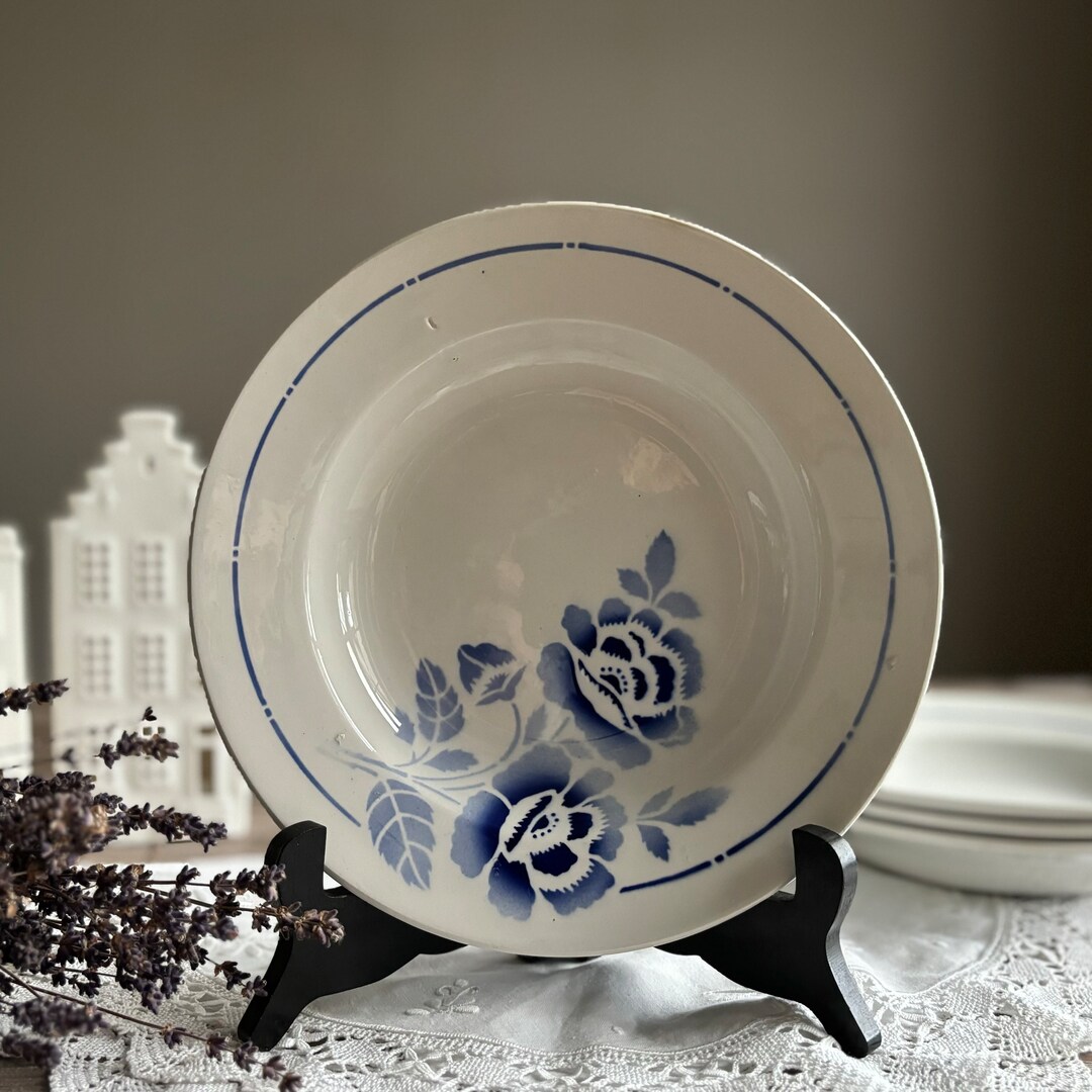 4 French Vintage Transferware Soup Plates, Art Deco St Amand, Blue ...
