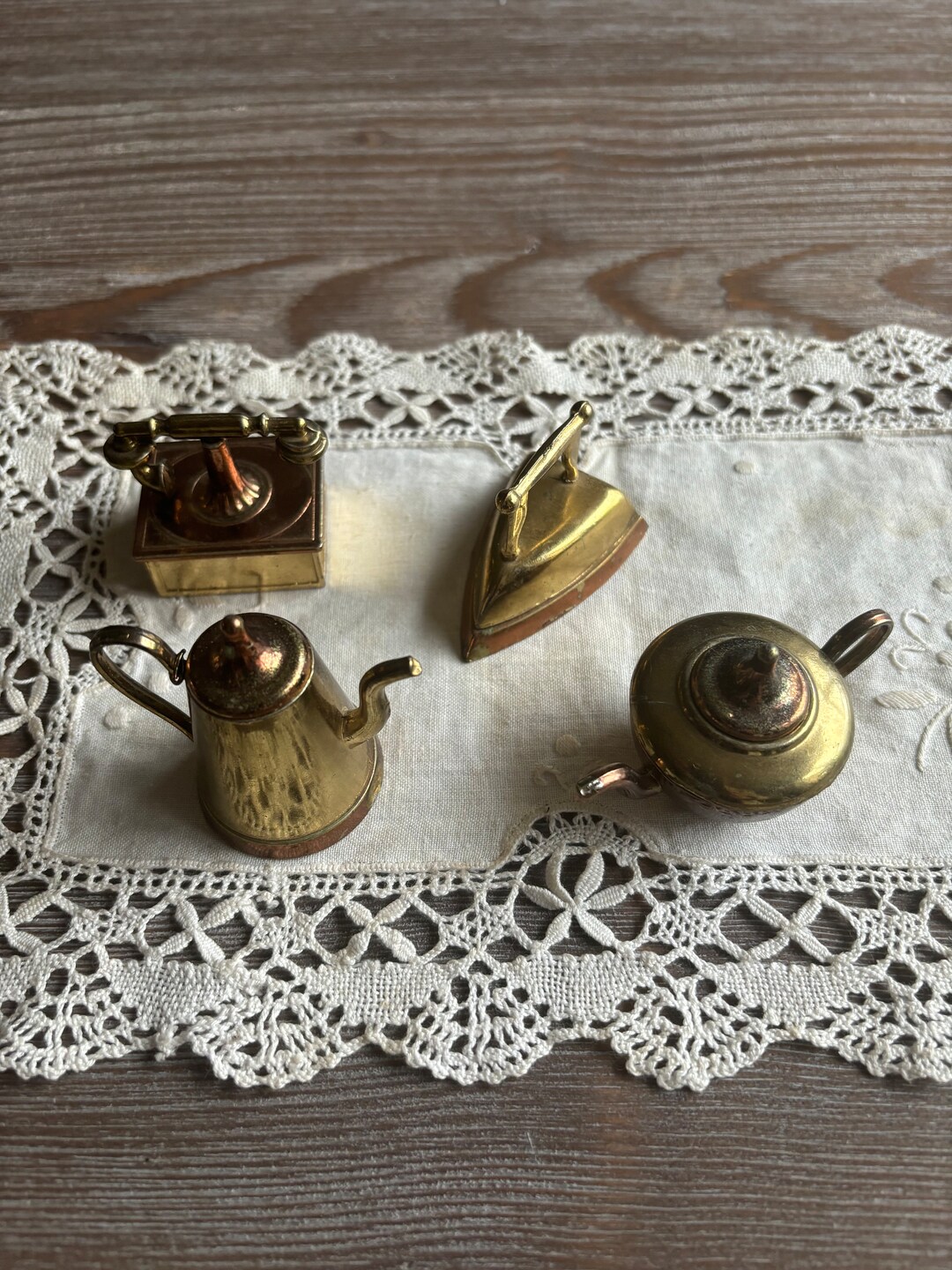 Vintage Brass Copper Doll House Toys, Tiny Phone Iron Tea Coffee Pot ...