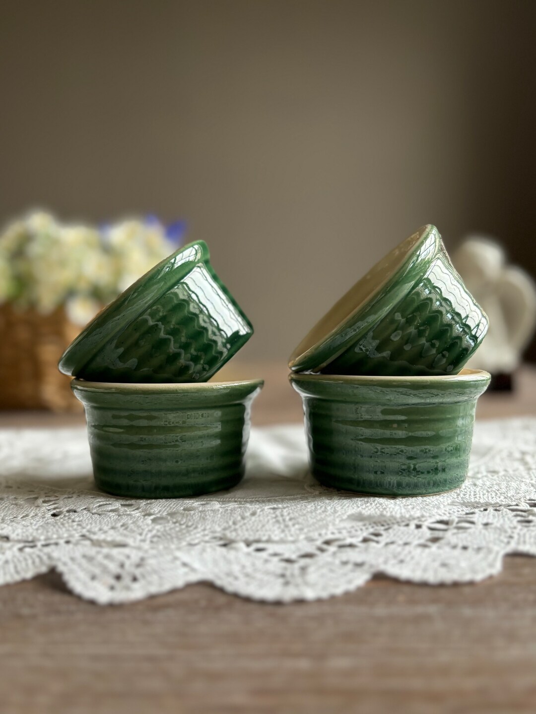 French Vintage Glazed Clay Pots, Set of 4, Creme Brulee Cups, Souffle ...