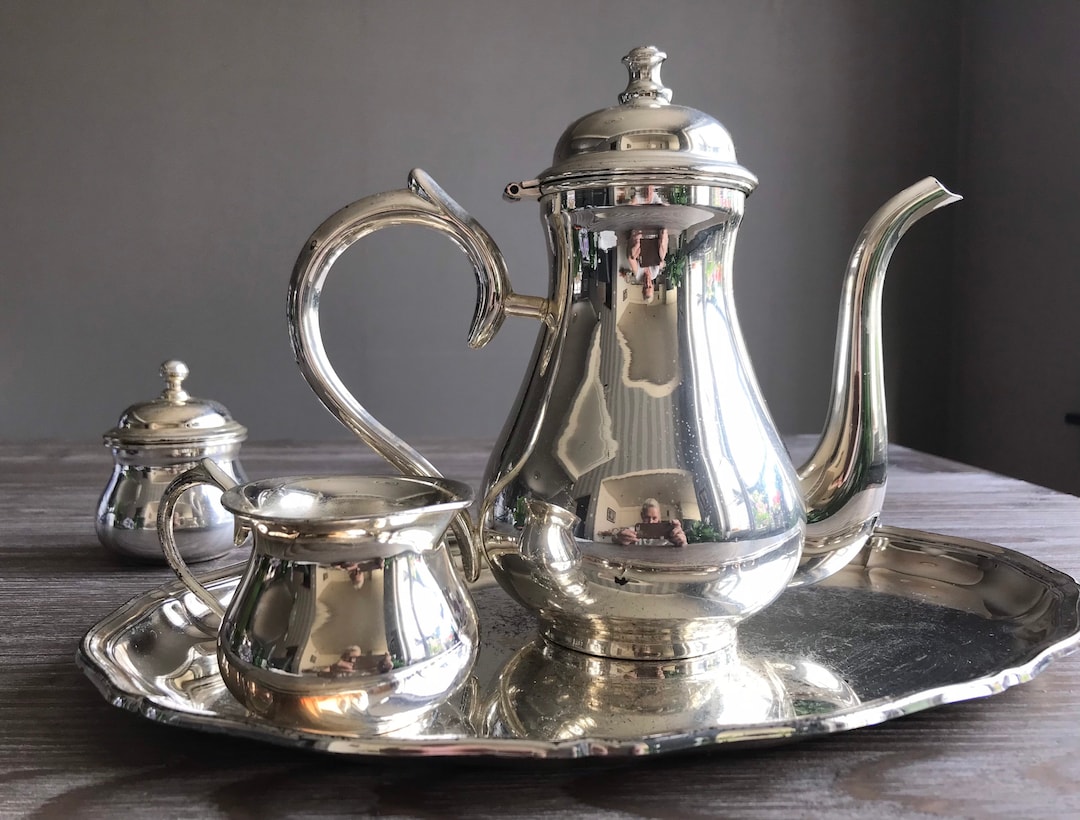 Vintage Metal Tea Coffee Service Set, Tea Kettle Pot, Serving Tray ...