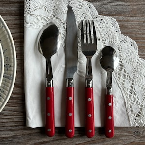 French Vintage Cutlery With Red Handles, Vintage Set Knife Spoon Fork ...