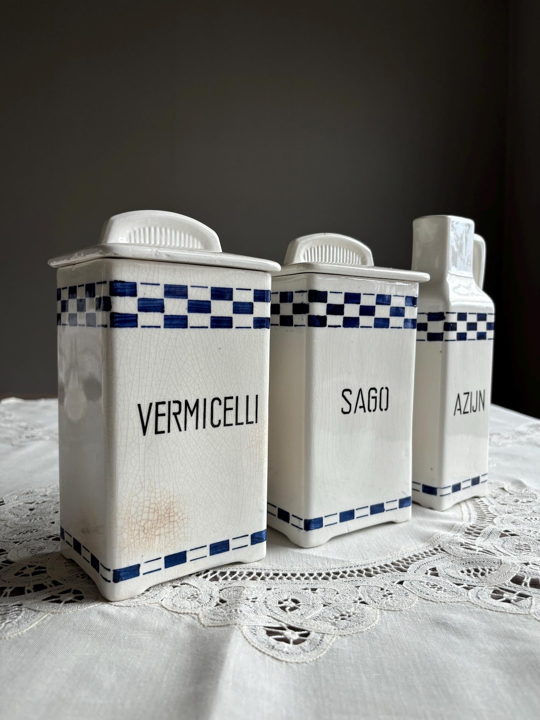 3 Antique Ceramic Kitchen Storage Containers, Checked Transferware ...