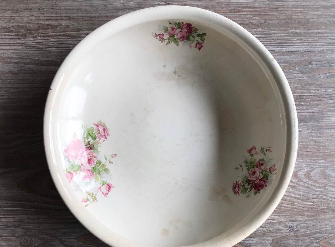 Antique Large Wash Basin, Big Round Washing Bowl, Floral Roses Pink ...