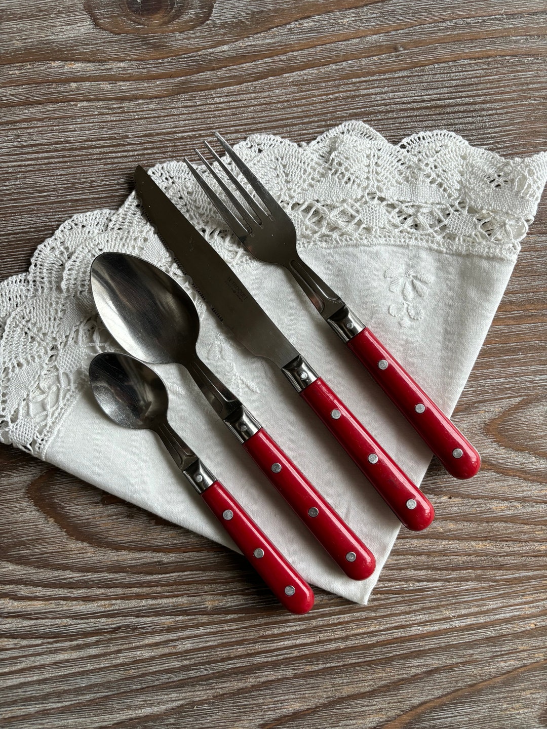 French Vintage Cutlery With Red Handles, Vintage Set Knife Spoon Fork ...
