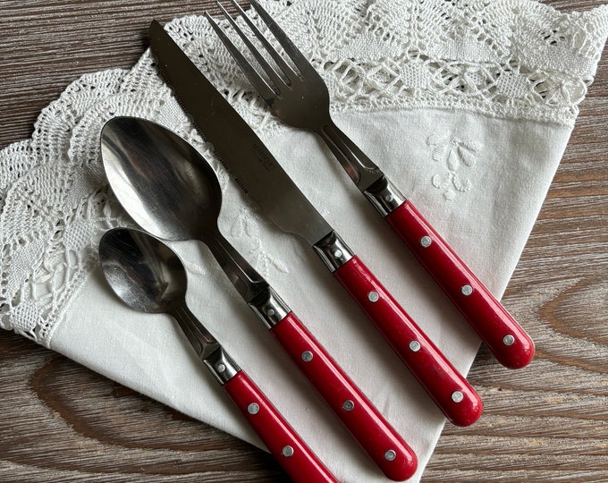 French Vintage Cutlery With Red Handles, Vintage Set Knife Spoon Fork ...