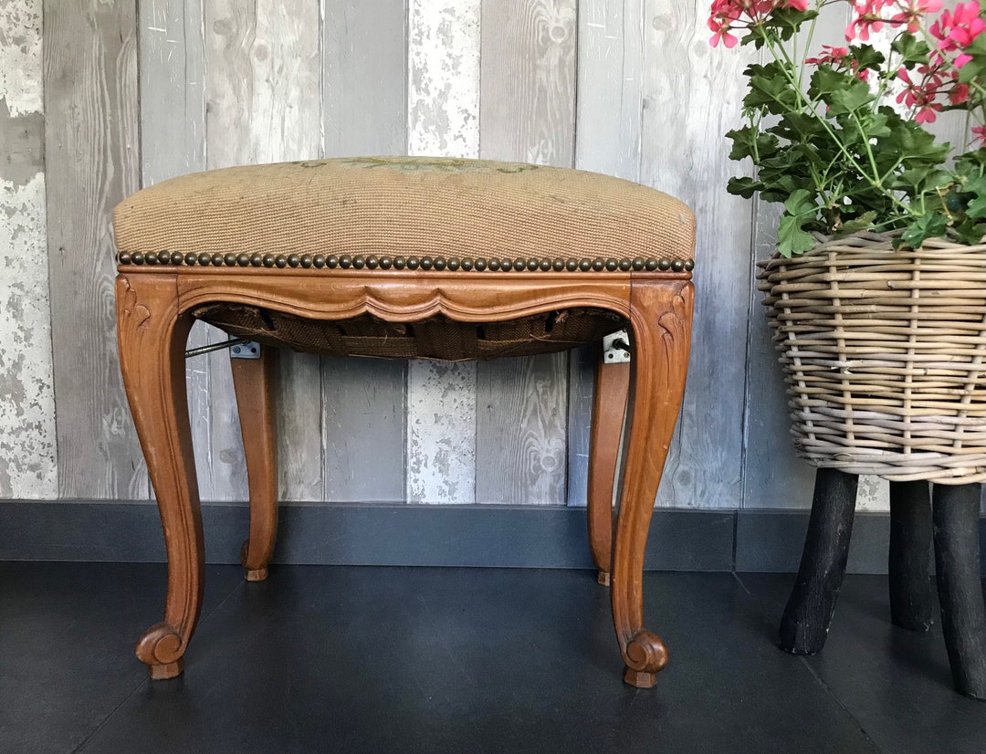 Antique Wooden Spring Foot Rest Puff, Stool Chair, Curve Foot Gobelin ...
