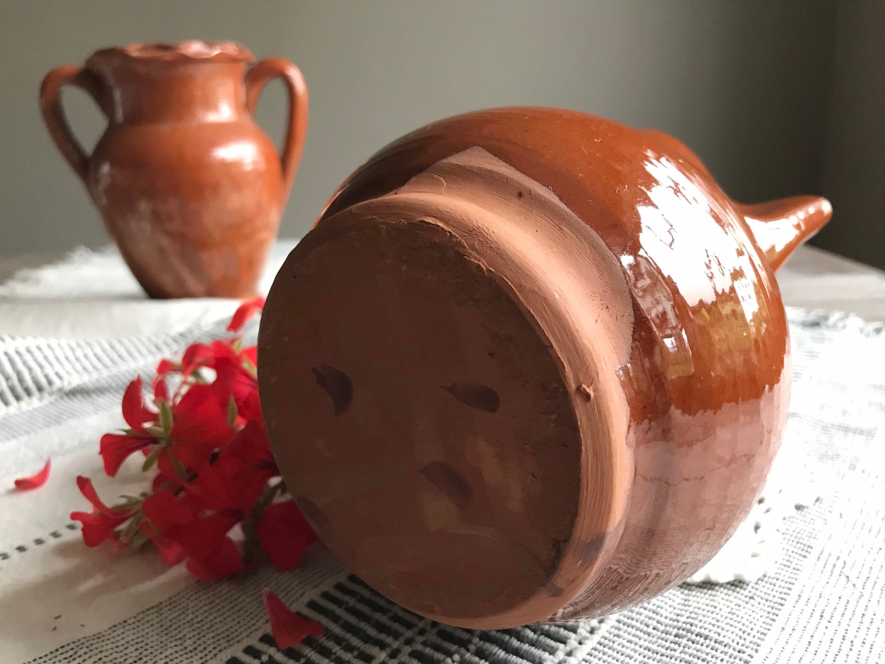 Vintage terracotta pot with handle Glazed clay pot | Etsy