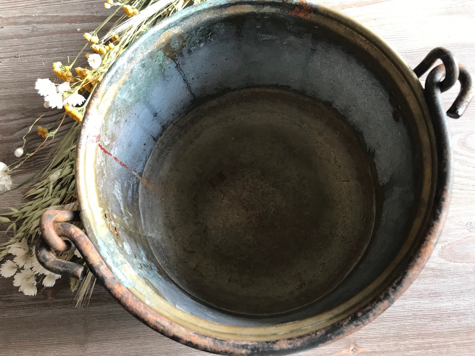 Antique Brass Cauldron Fireplace Pot With Iron Handle Large | Etsy