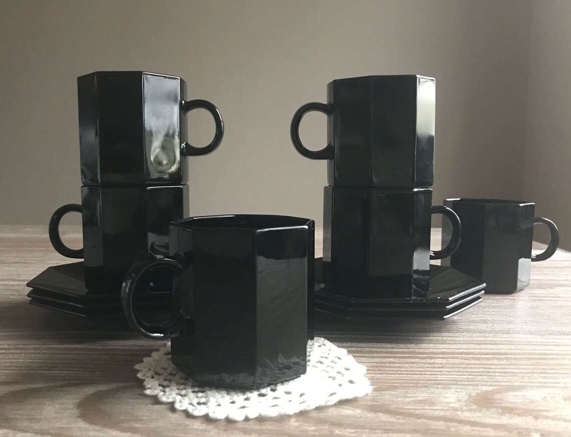 2 French Vintage Tea Cups With Saucers, Black Octagonal Glass ...