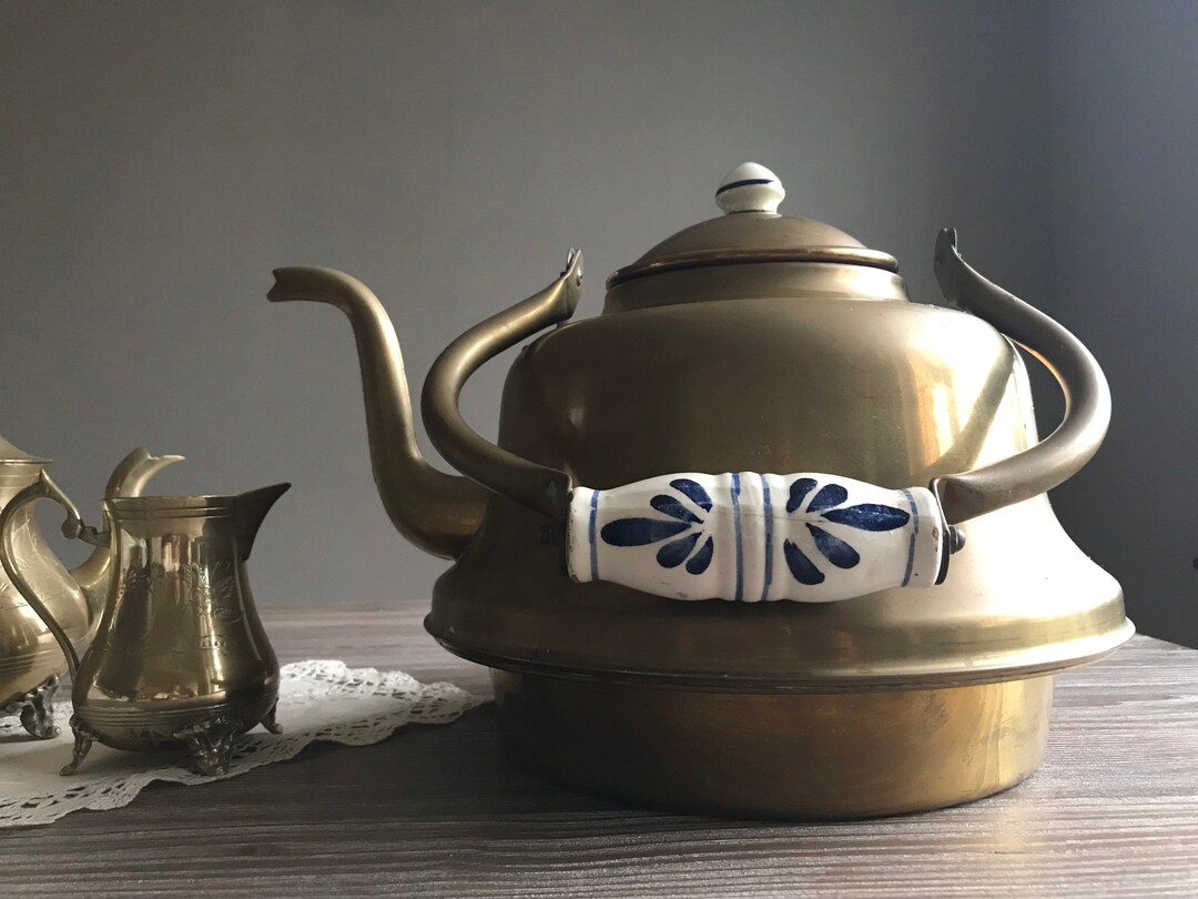 Huge Antique Brass Kettle With Ceramic Handle, Dutch Vintage ...