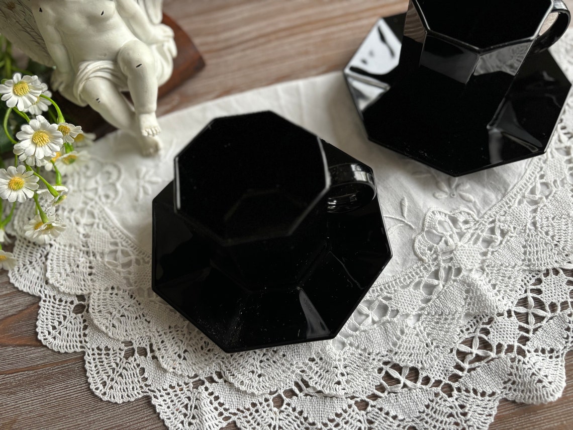 2 French Vintage Tea Cups With Saucers, Black Octagonal Glass ...