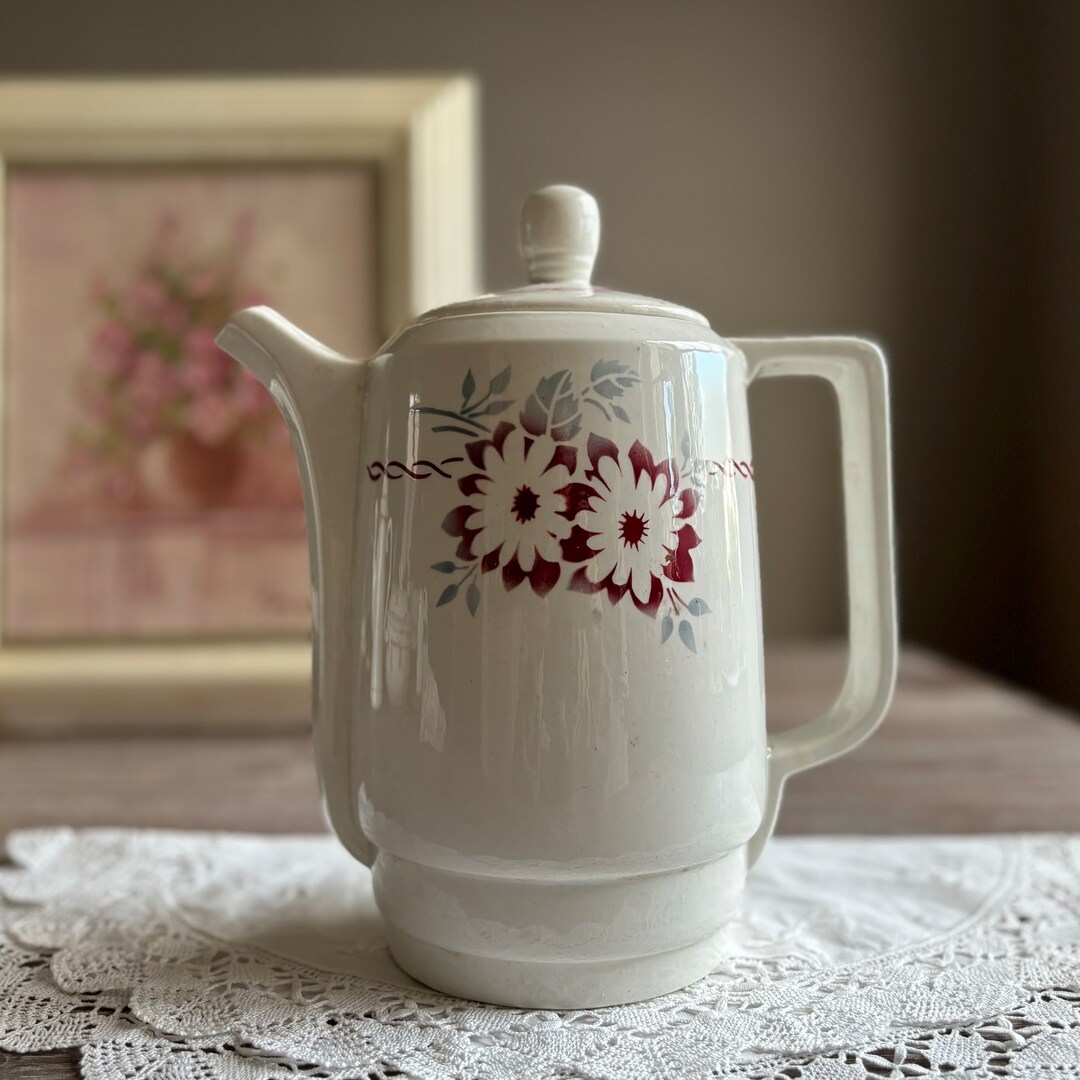 French Vintage Tea Coffee Pot, Ginette, Art Deco Transferware, Blue Red ...
