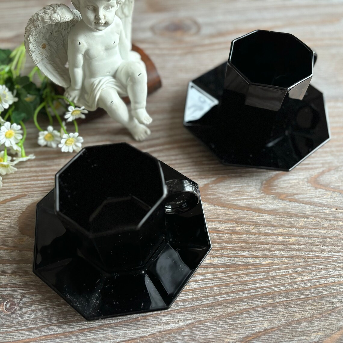 2 French Vintage Tea Cups With Saucers, Black Octagonal Glass ...