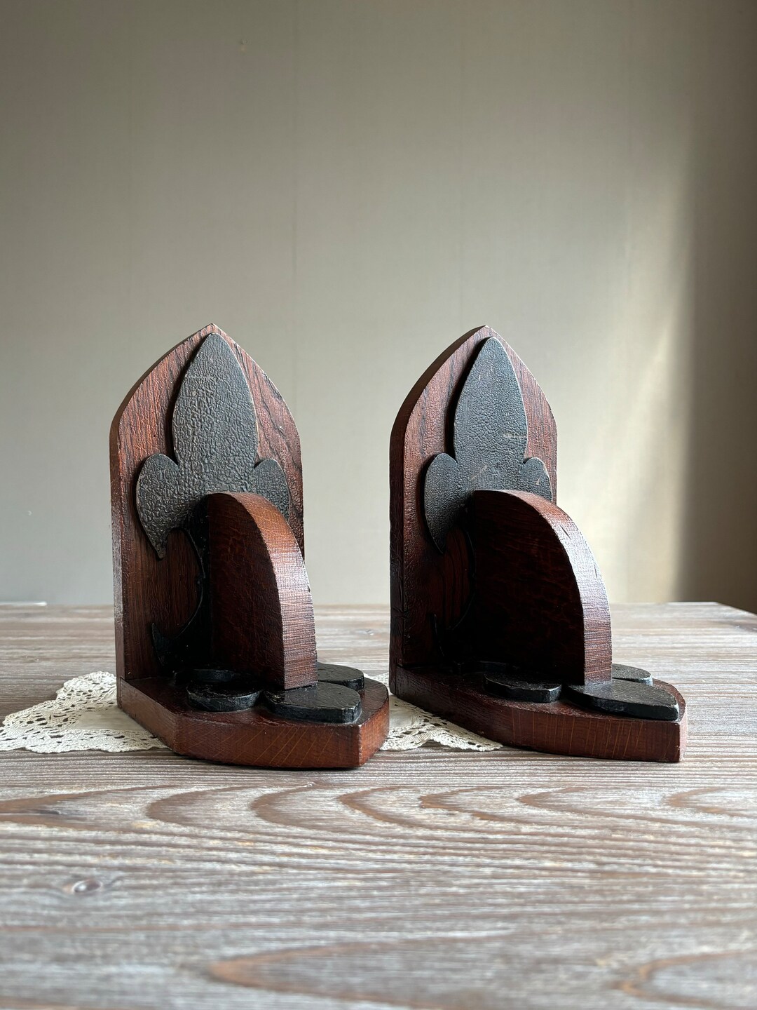 2 Vintage Wooden Bookends With French Lily, Double Heavy Bookend ...